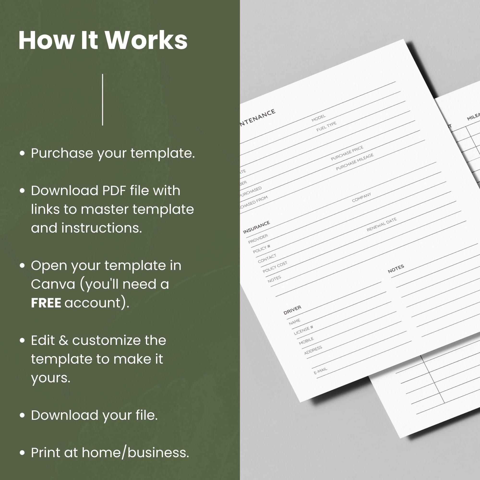 Car Maintenance Log Letter Size Vehicle Info Sheet and Maintenance Log ...