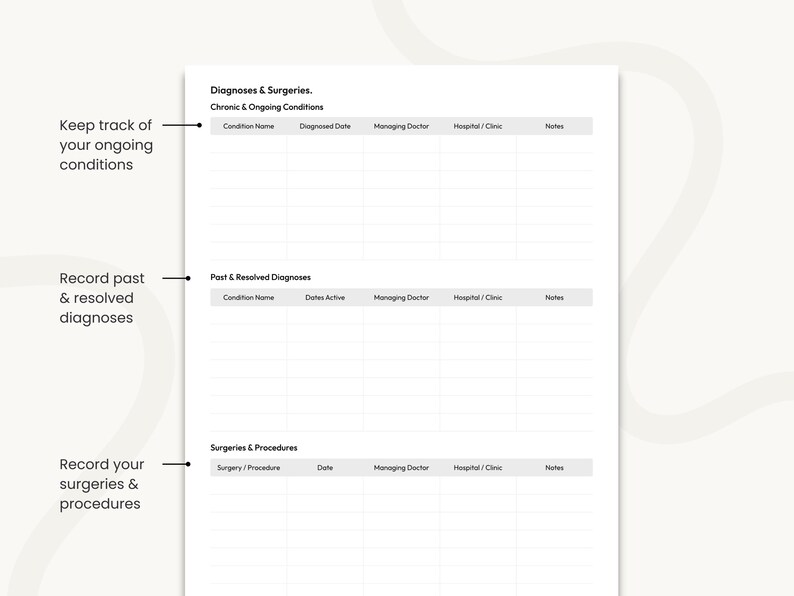 Printable Surgical History Tracker, Chronic Illness Medical Diagnosis Log, Medical History ...