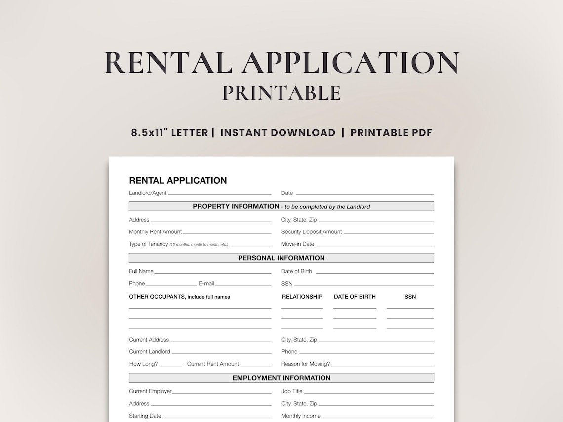 Printable Rental Application Form Template • Landlord Tenant Lease ...
