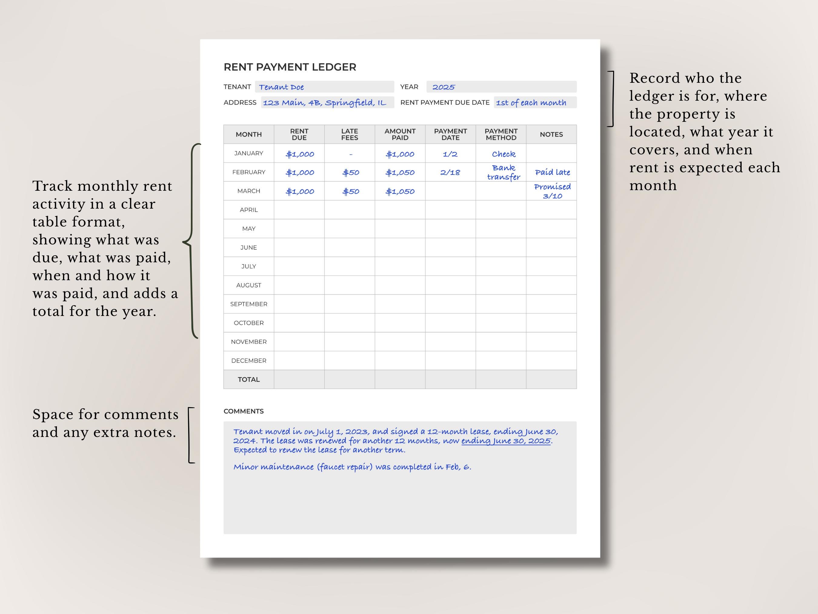 Printable Rent Payment Ledger for Landlords and Property Managers ...