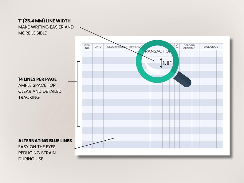 EXTRA-LARGE Checkbook Register • Printable PDF File • 1.0 in Line Width ...