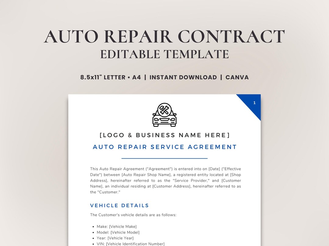 Auto Repair Service Agreement Template • Vehicle Maintenance Contract ...