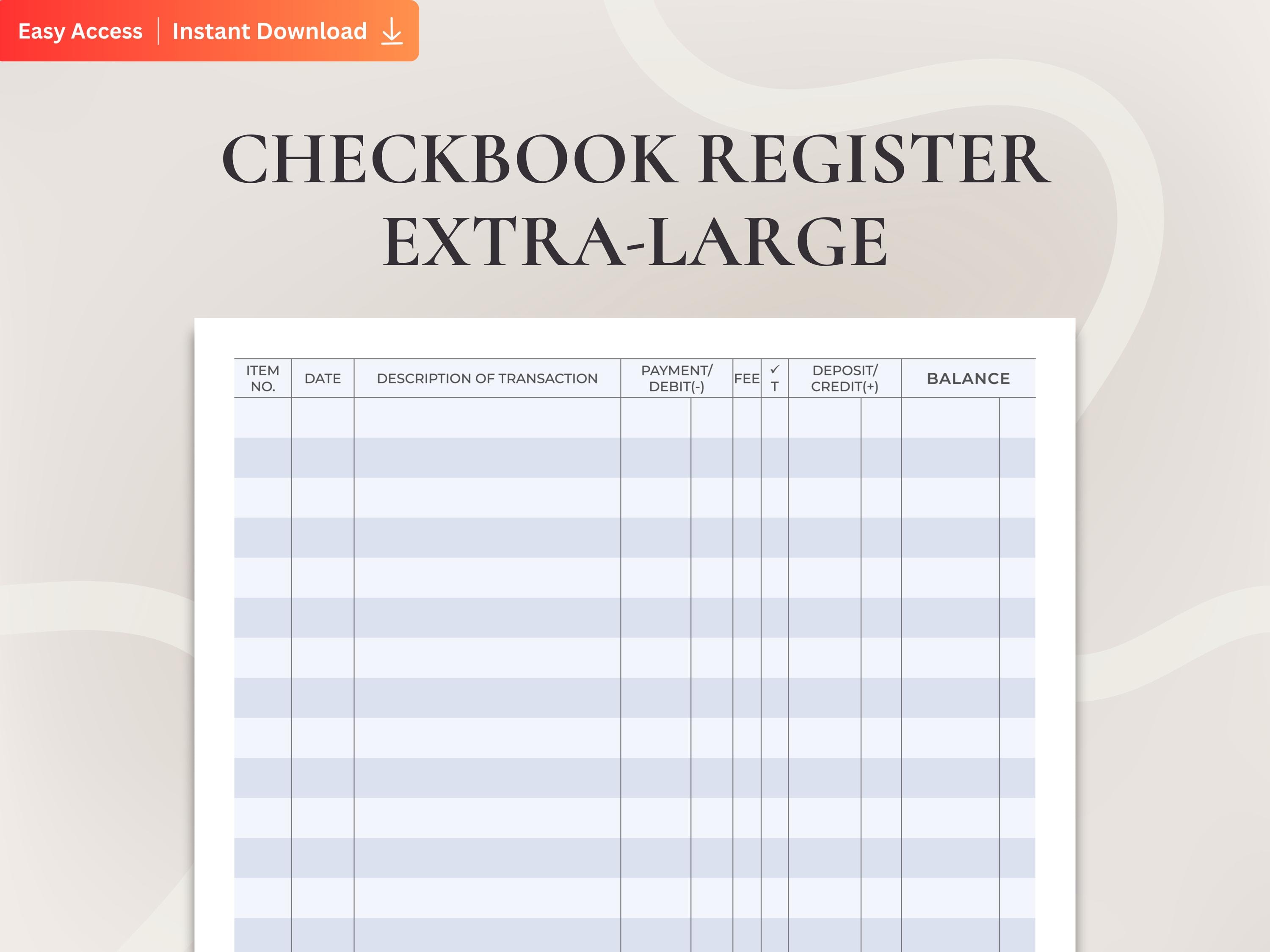EXTRA-LARGE Print Checkbook Register, Large Print Check Register Sheet ...