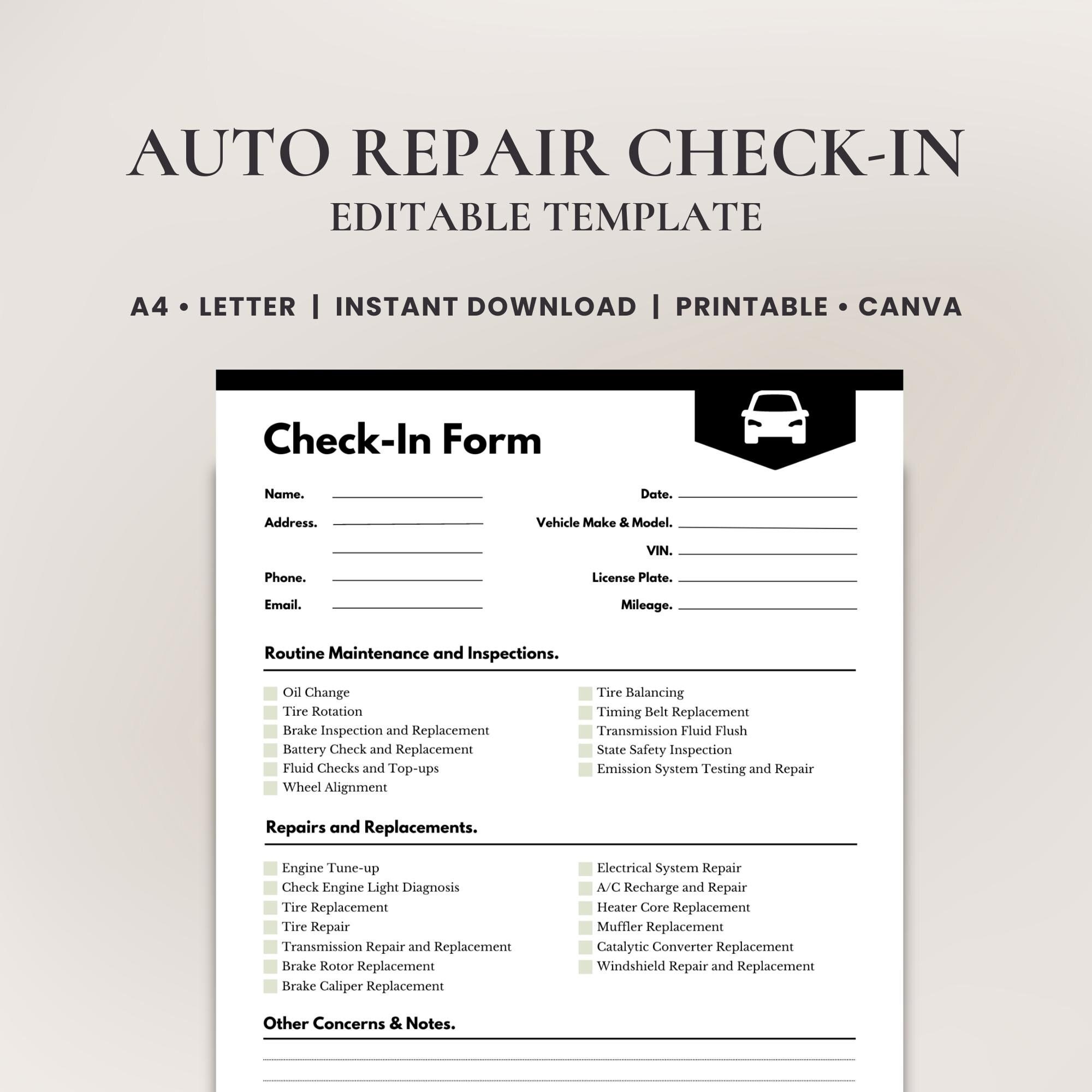 Vehicle Check in Sheet, Auto Repair Intake Form, Customer Check in ...