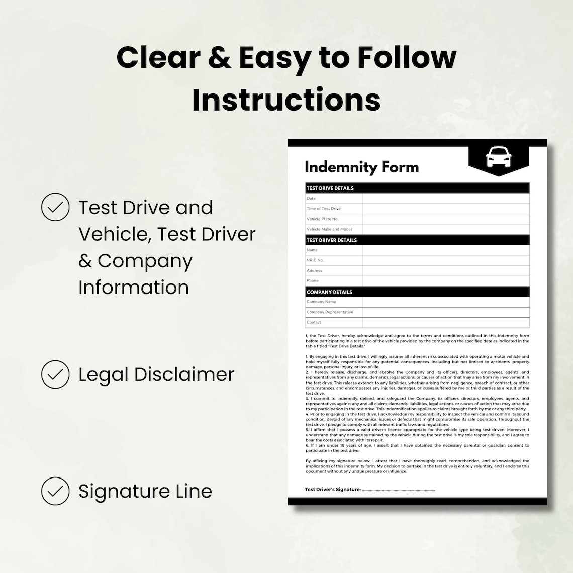 Test Drive Indemnity Form Template Test Drive Liability - Etsy