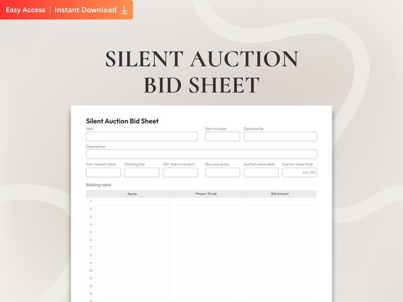 Silent Auction Bid Sheet PDF, Printable and Fillable Auction Bid Form ...