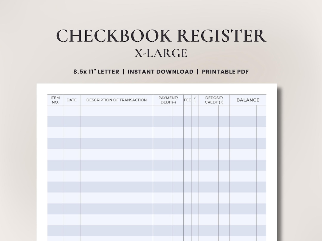 EXTRA-LARGE Checkbook Register Printable PDF File 1.0 in Line Width 8.5 ...