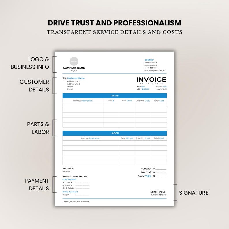 Auto Repair Invoice Template Canva, Mechanic Parts Labor Receipt ...