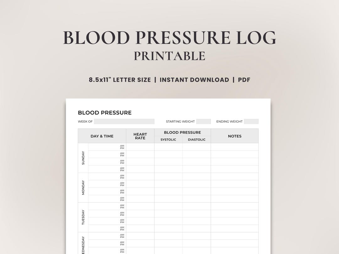 Blood Pressure Log Printable • Blood Pressure Chart • Blood Pressure ...
