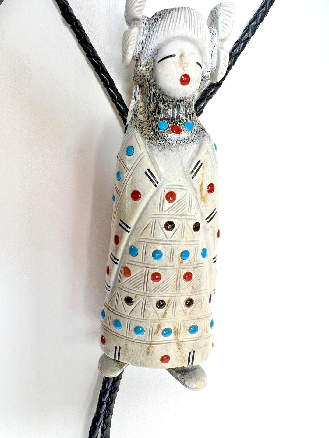 Zuni Corn Maiden Bolo Antler Carving With Inlaid Turquoise, Coral, Onyx ...