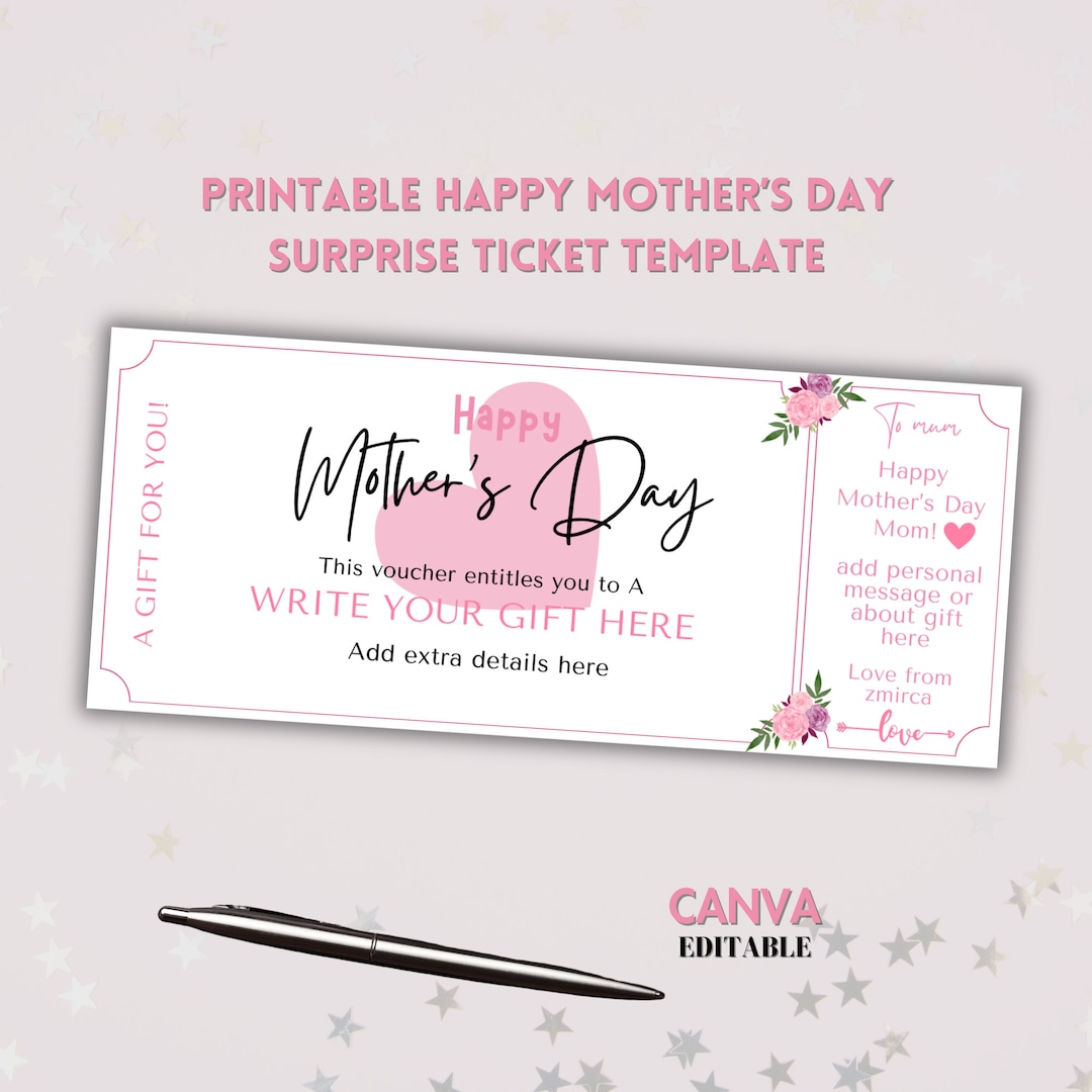 Editable Mother's Day Voucher, Printable Gift Voucher, Surprise Ticket ...