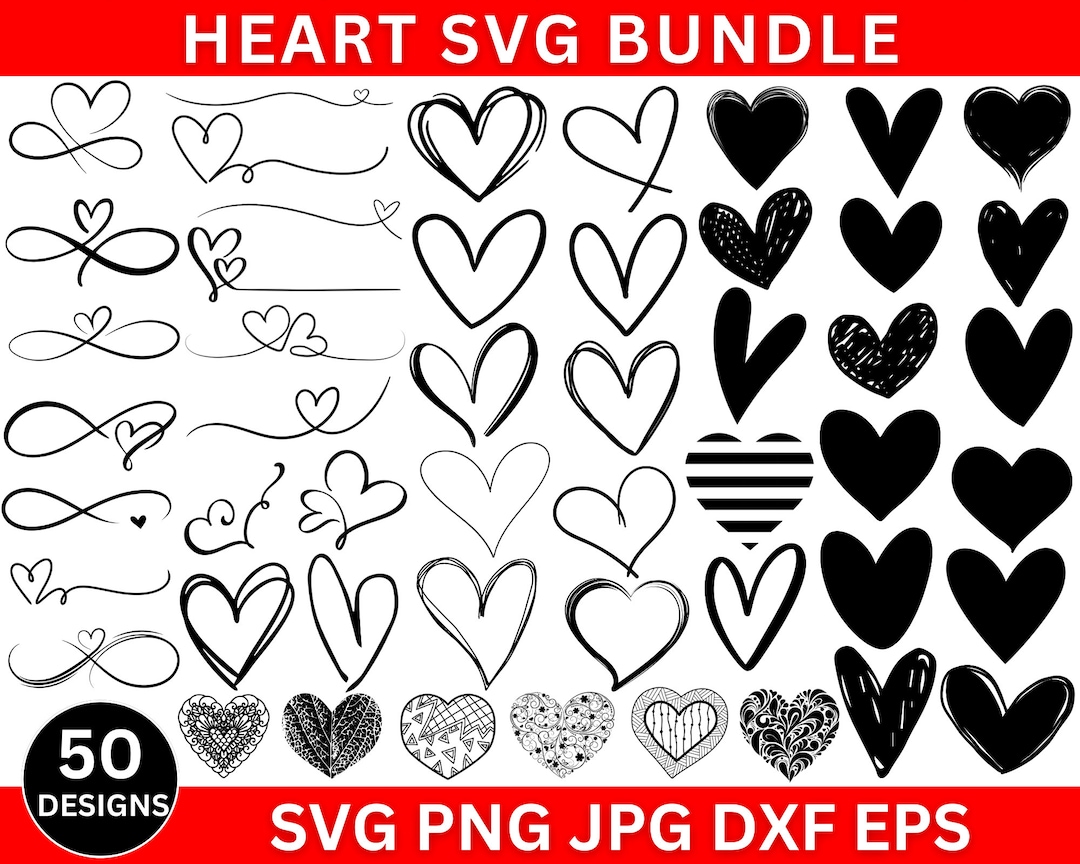 Heart Svg Bundle, 50 Heart Svg Designs, Hand Drawn Heart Svg, Heart Svg ...