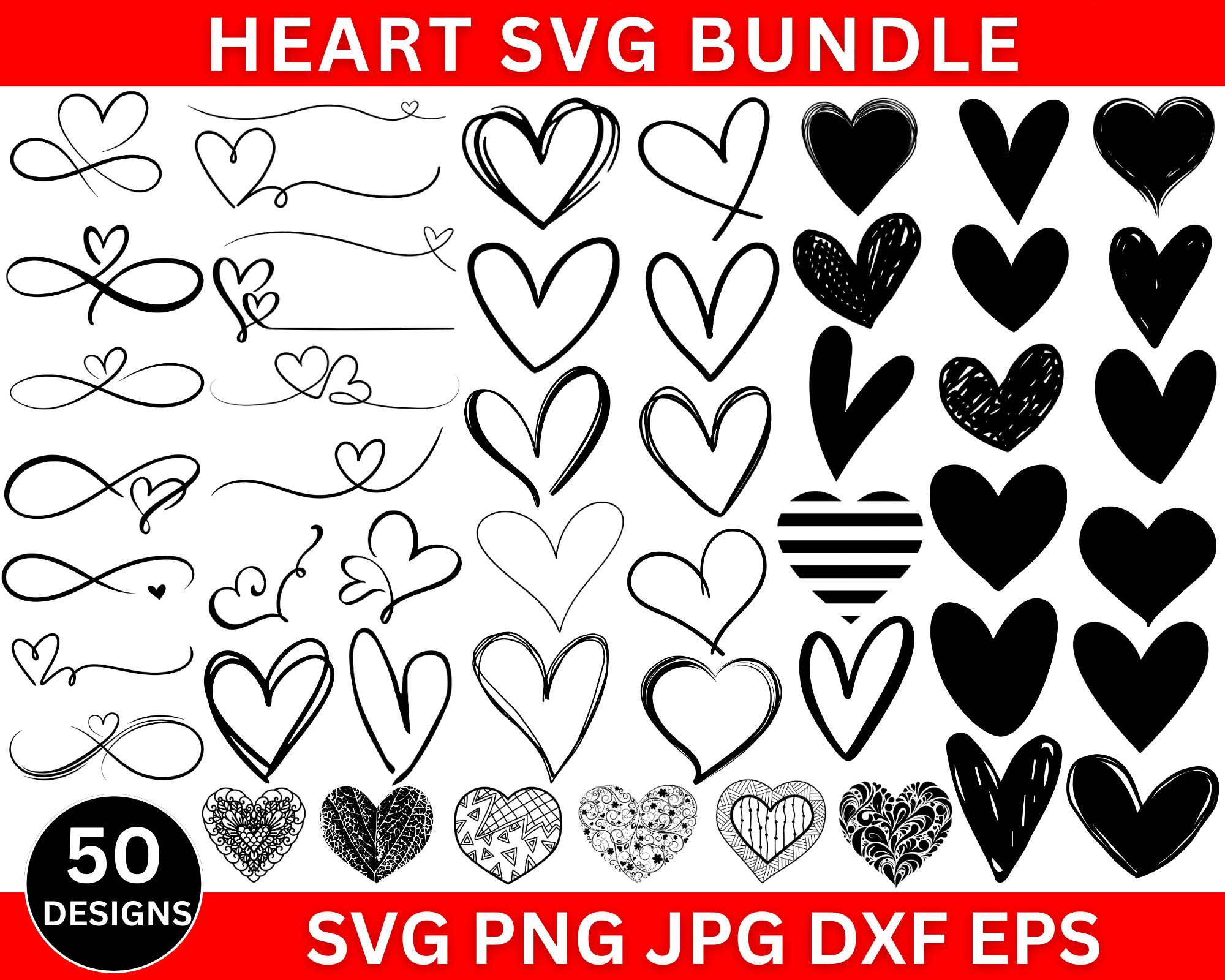 Heart Svg Bundle, 50 Heart Svg Designs, Hand Drawn Heart Svg, Heart Svg ...