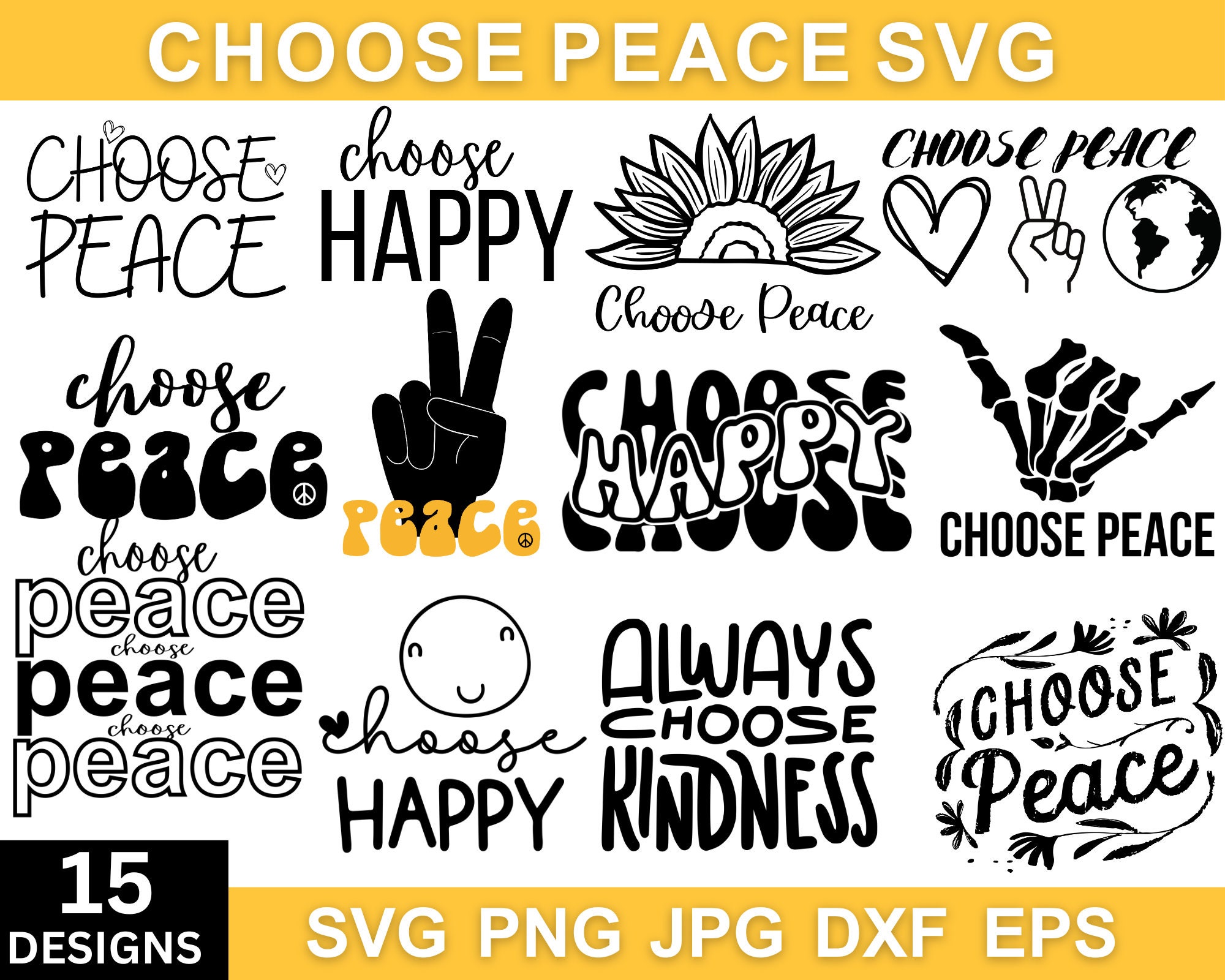 Choose Happy Svg Bundle, Peace Sign Svg, Motivational Svg ...