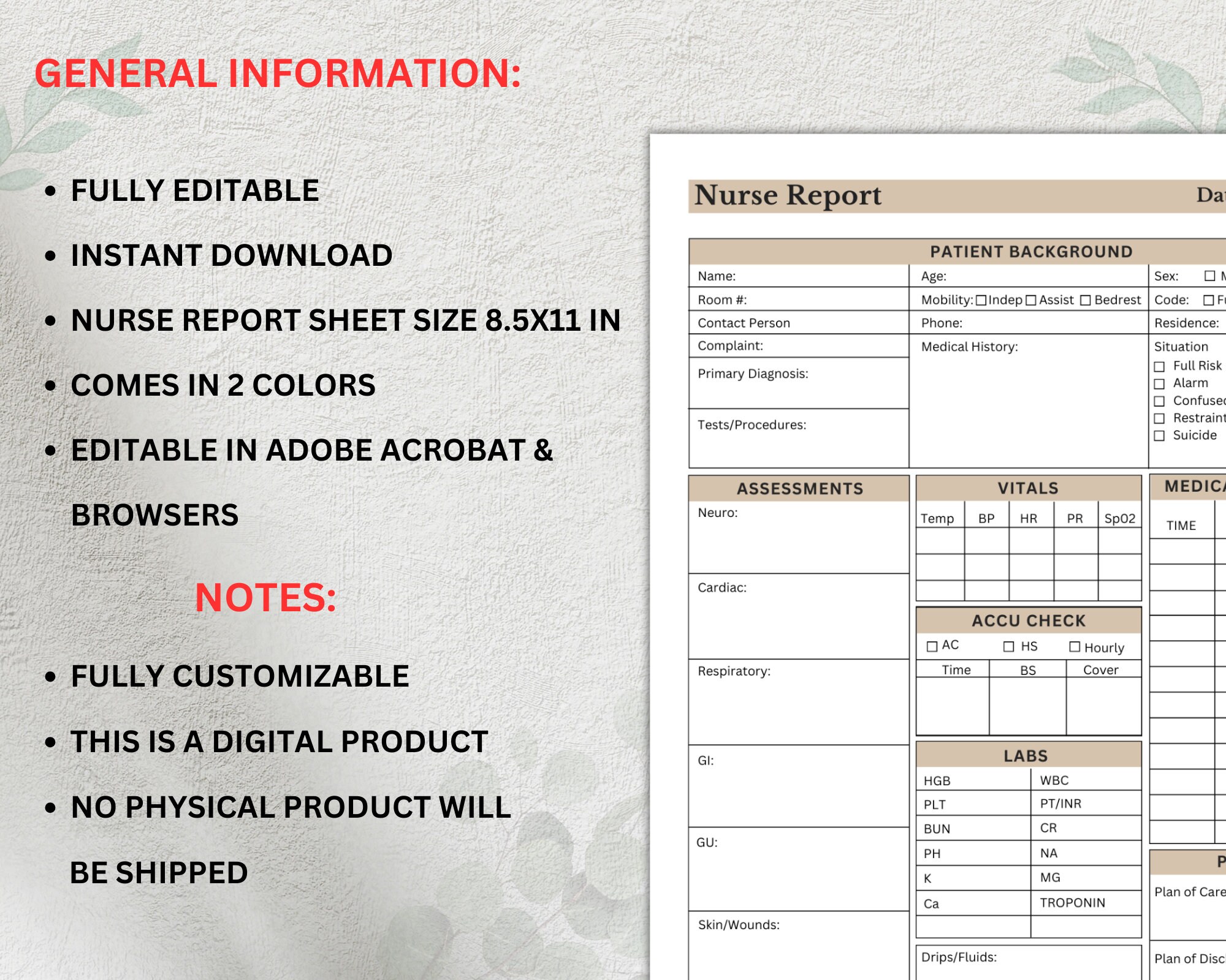 Nursing Report Sheet, Nurse Brain Sheet, Nurse Report Sheet, Rn Report ...