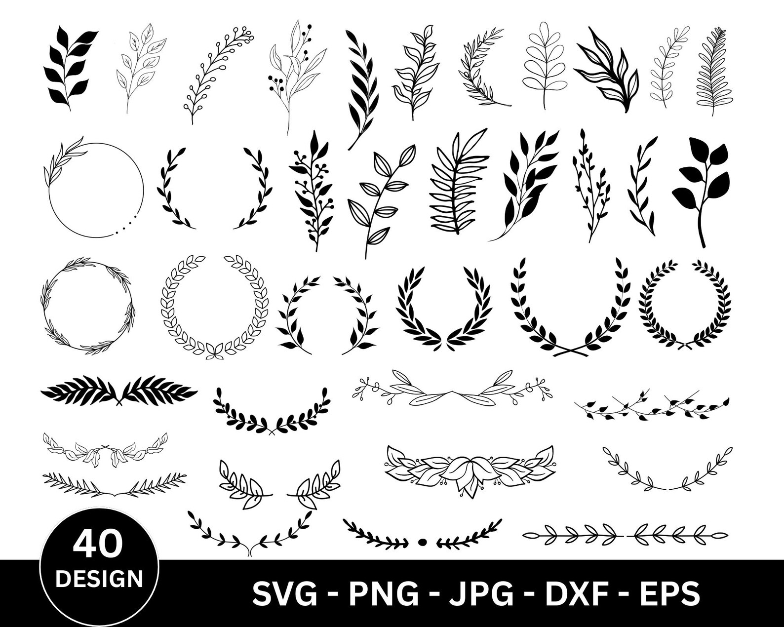 40 Leaves Svg Bundle, Hand Draw Leaves Svg, Leaf Svg, Plant Svg, Wreath ...