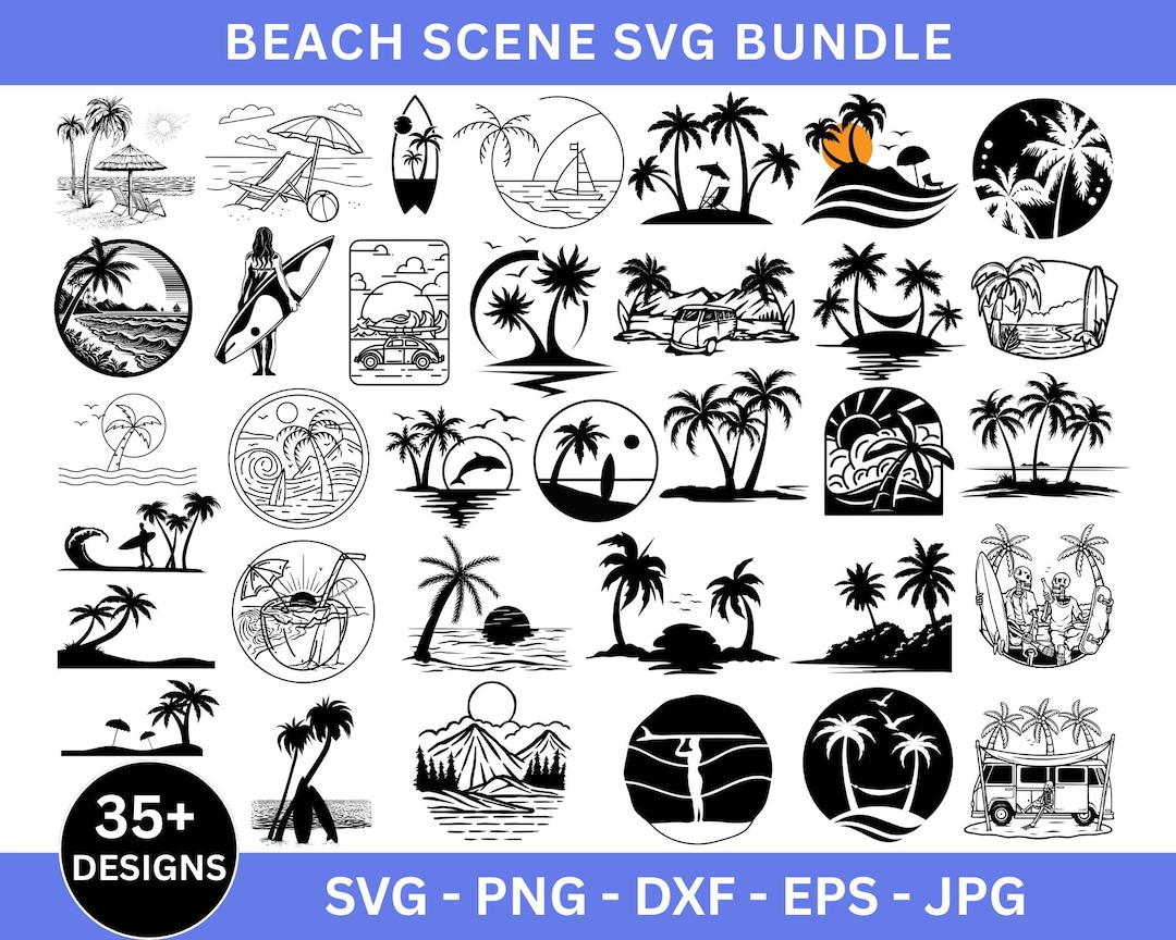Beach Scene Svg Bundle, Sunset Beach Svg, Sunset Landscape, Nature ...