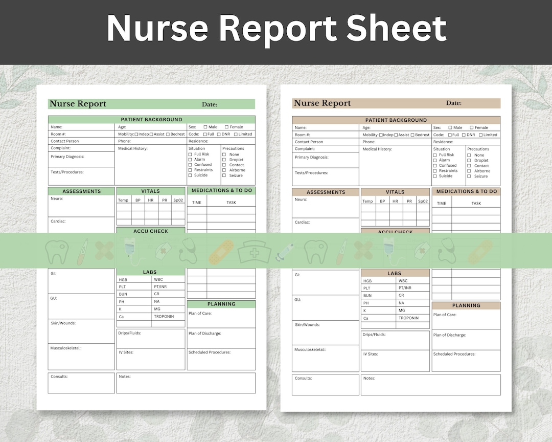 Nursing Report Sheet, Nurse Brain Sheet, Nurse Report Sheet, Rn Report ...