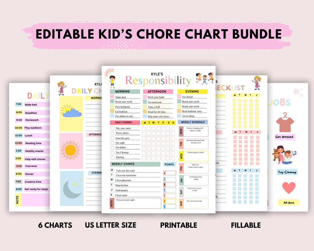 Editable Kids Chore Chart, Responsibility Chart, Kids School Day Chart ...