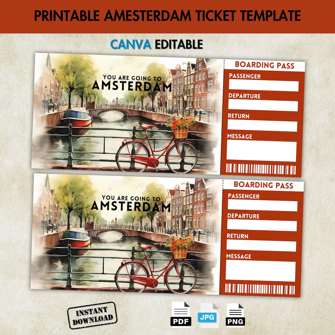 Editable Amsterdam Ticket Template, Netherland Surprise Trip Gift, You ...