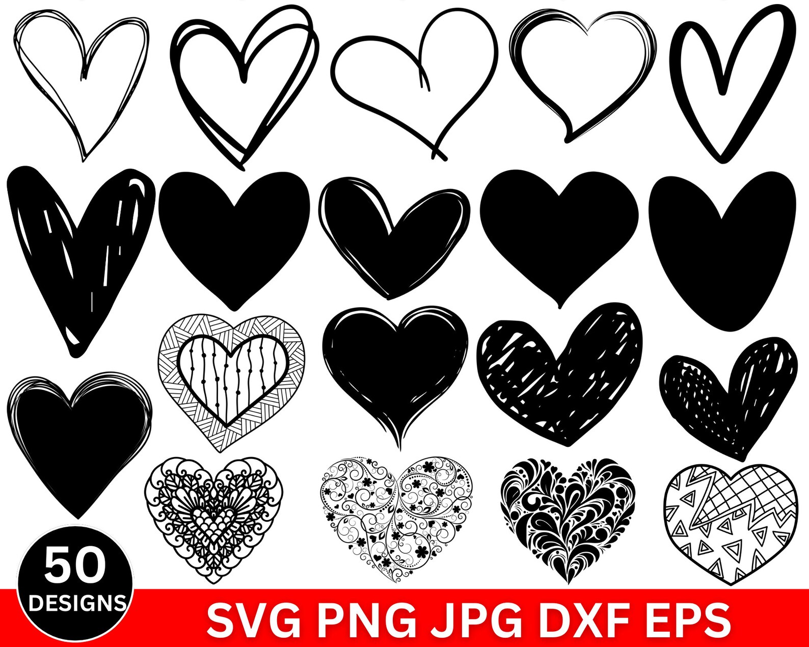 Heart Svg Bundle, 50 Heart Svg Designs, Hand Drawn Heart Svg, Heart Svg ...