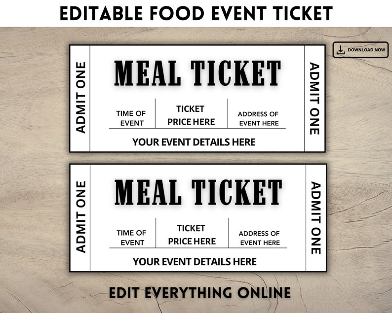 Editable Food Event Ticket, Food Ticket Template, Ticket PDF, Meal ...