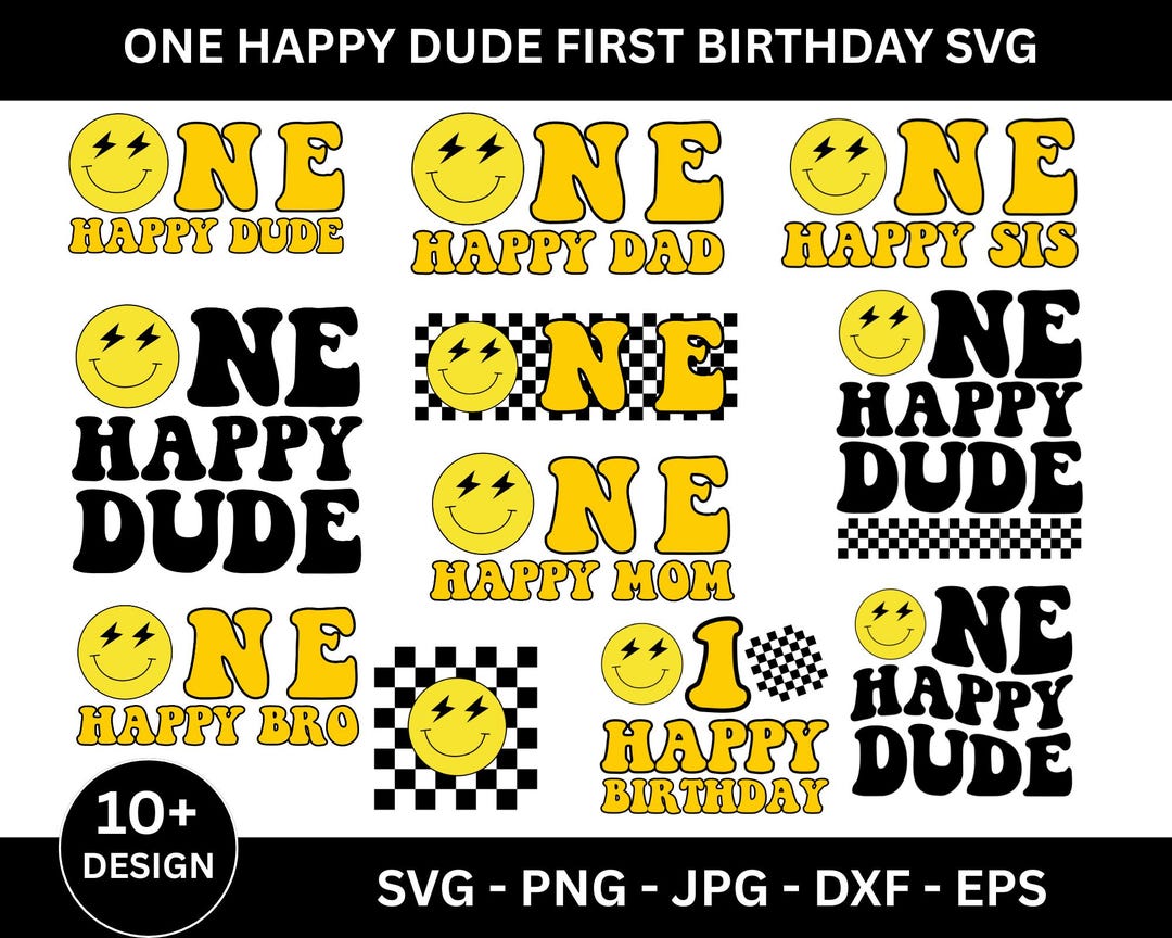 One Happy Dude Svg Png Bundle, Birthday Shirts Svg,retro Smiley Emoji ...