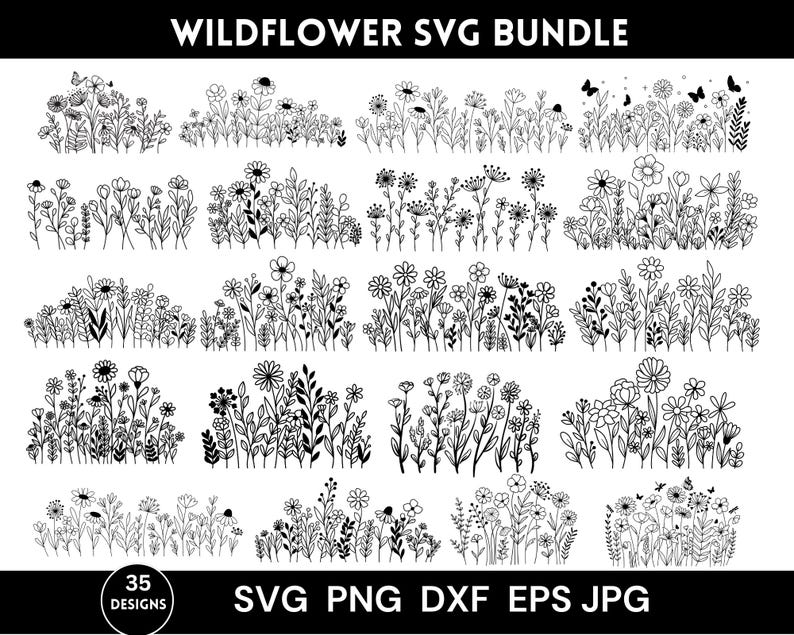 Wildflower Svg Bundle, Flower Meadow Svg, Flower Border Svg, Minimalist ...