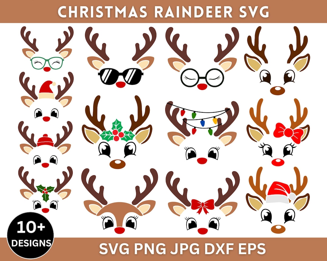 10 Christmas Reindeer Faces Svg Png Bundle, Girl Reindeer Svg, Boy ...