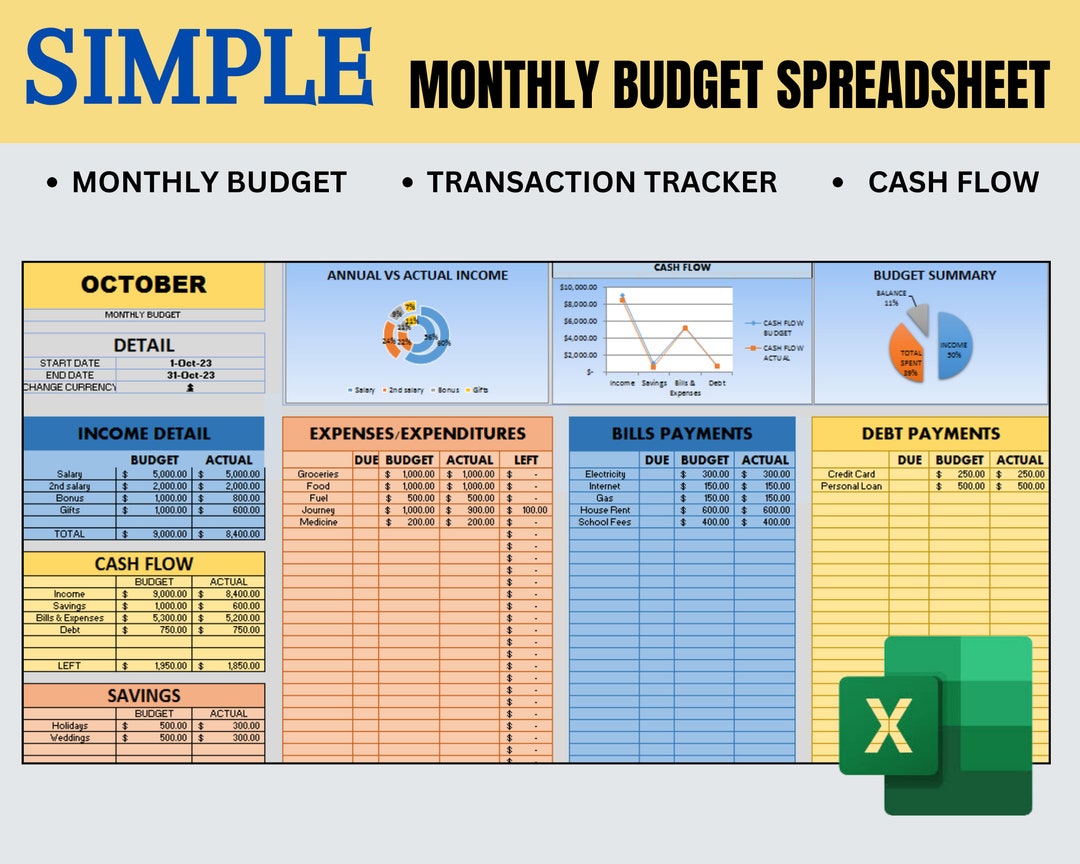Monthly Budget Spreadsheet for Excel, Monthly Budget Planner, Financial ...