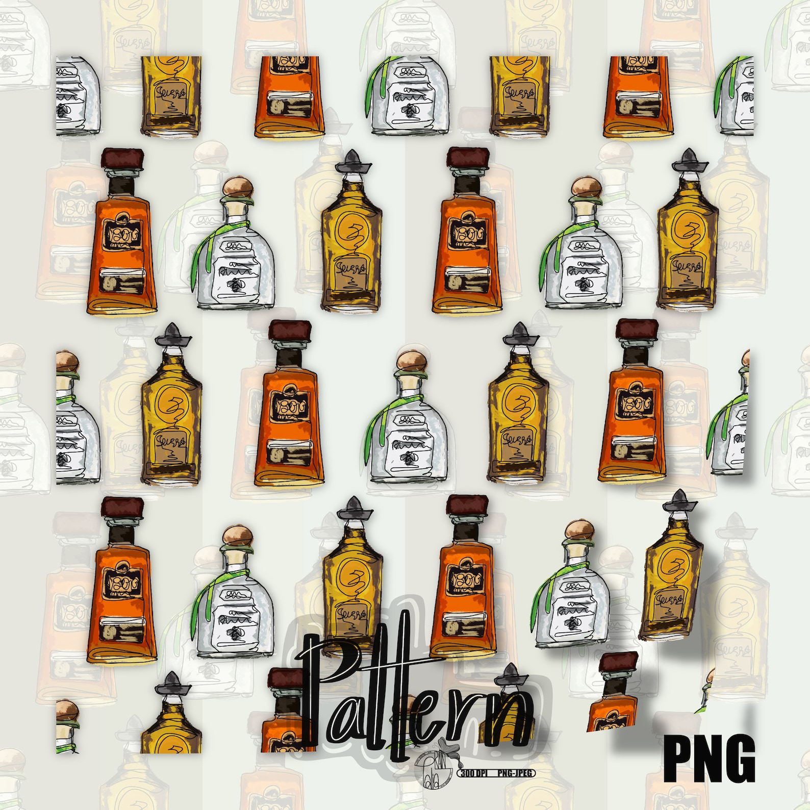 Seamless Alcohol Bottle Pattern PNG JPEG Bottle of Whiskey Beverage ...