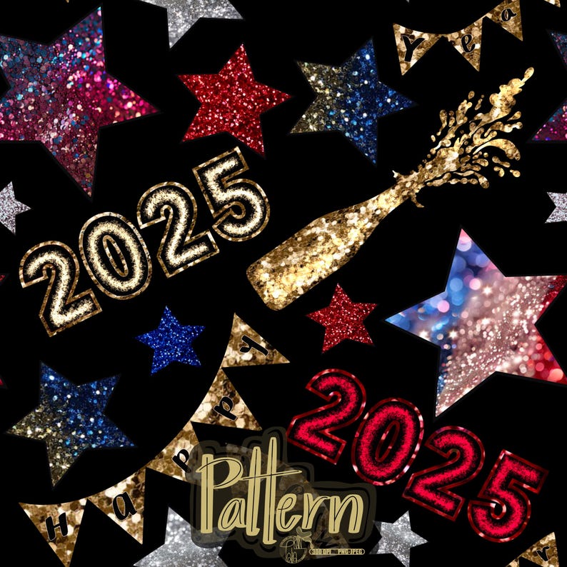 New Year 2025 Seamless Pattern PNG JPEG Glitter New Year Sublimation ...