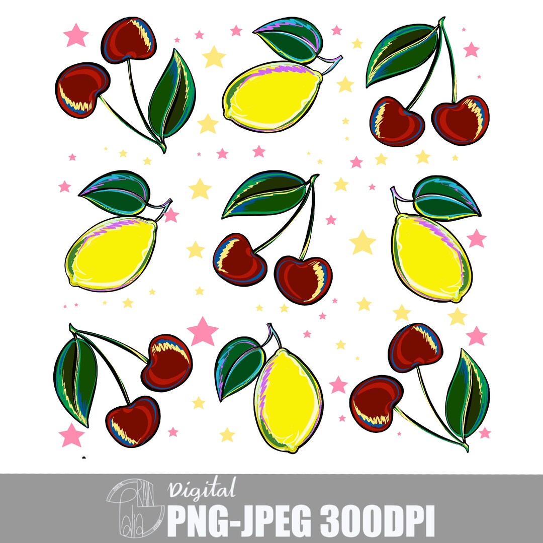 Lemon Cherry Sublimations PNG JPEG Lemon Cherry Pattern With Stars ...