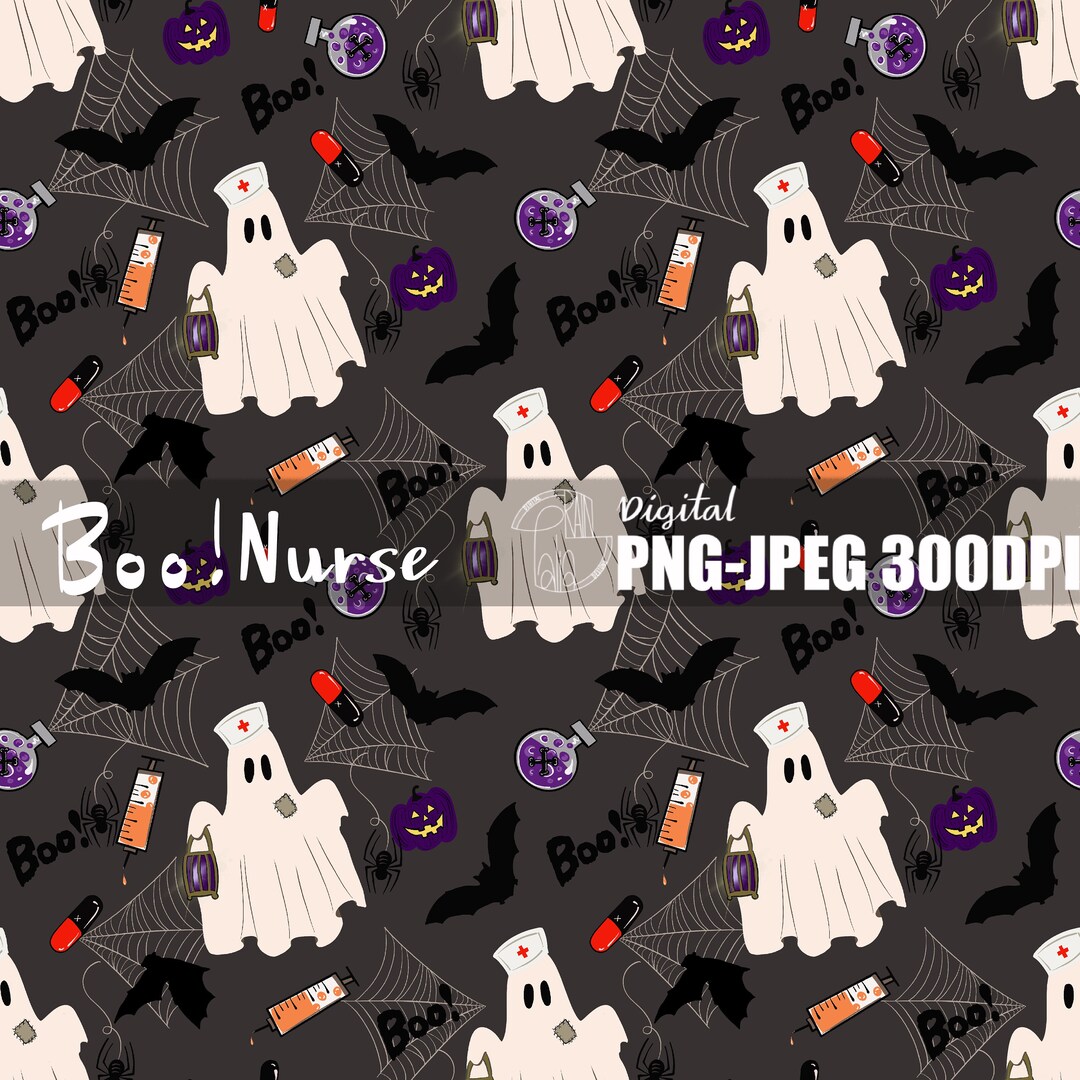 Retro Halloween Ghost Nurse Seamless Pattern (PNG, JPEG) Digital ...