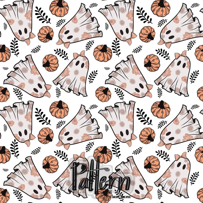 Cute Ghost Halloween Seamless Pattern, Retro Floral Pumpkins (PNG, JPEG ...