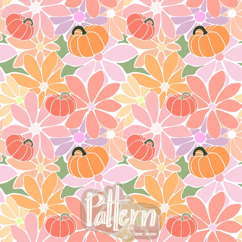 Boho Flowers Pumpkins Seamless Pattern PNG Halloween Digital Paper Fall ...