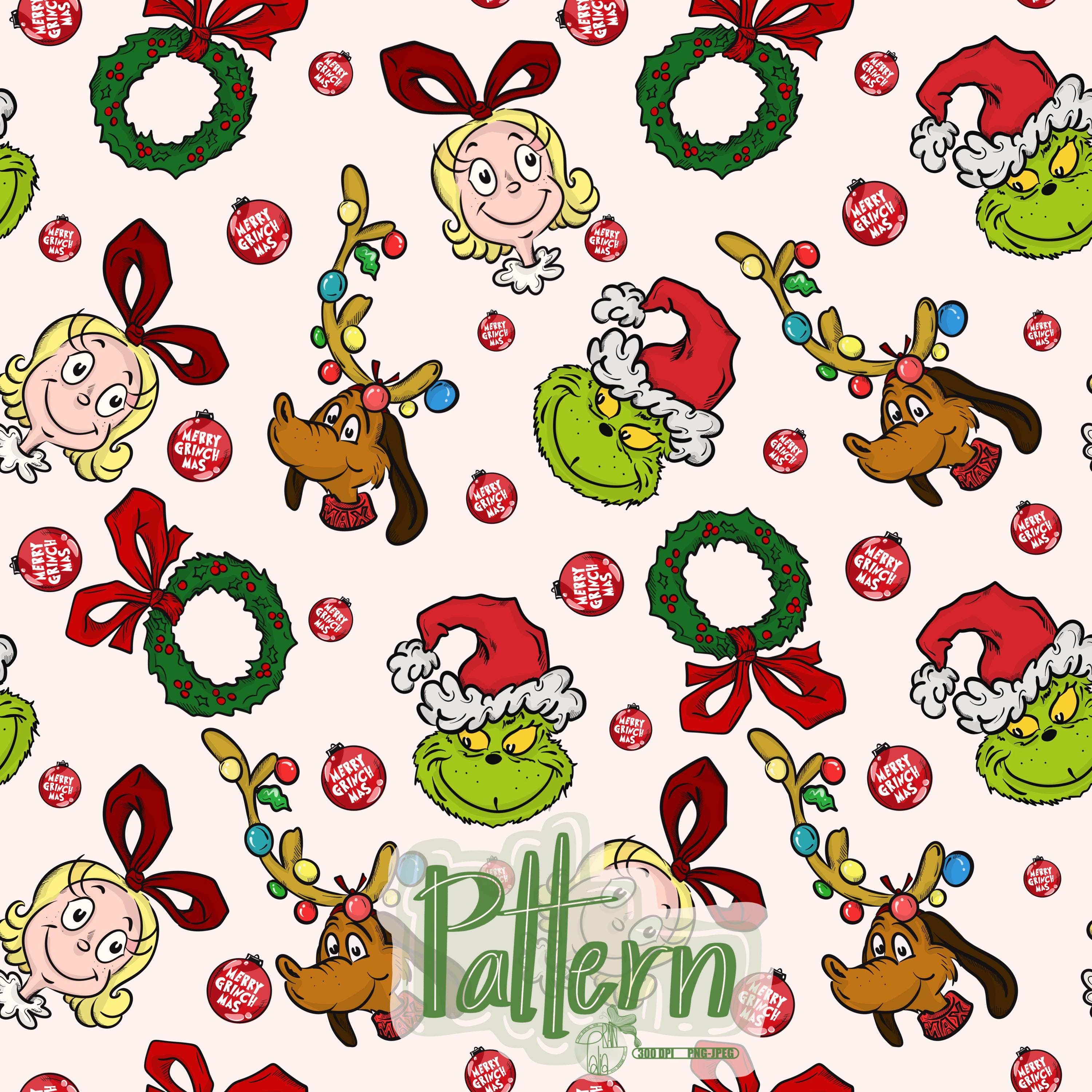 Festive Grinch Christmas Seamless Pattern: Holiday Wreaths (digital ...