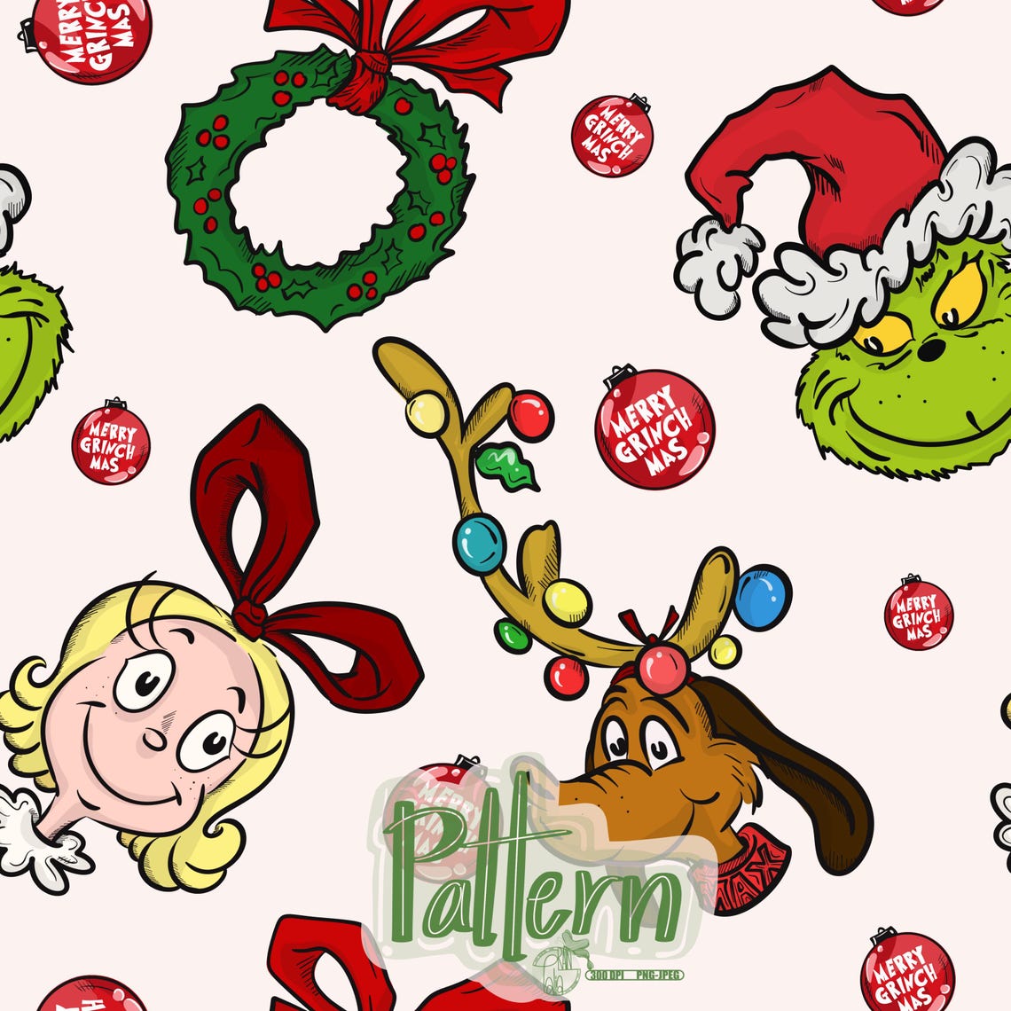Festive Grinch Christmas Seamless Pattern: Holiday Wreaths (digital ...