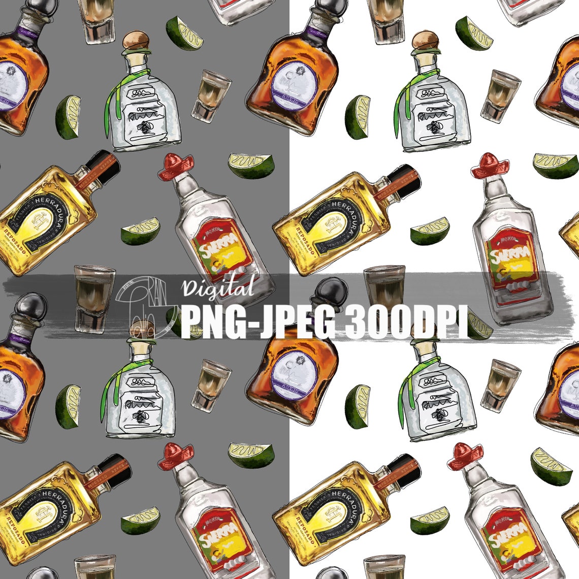 Seamless Alcohol Bottle Pattern PNG JPEG Bottle of Whiskey Beverage ...