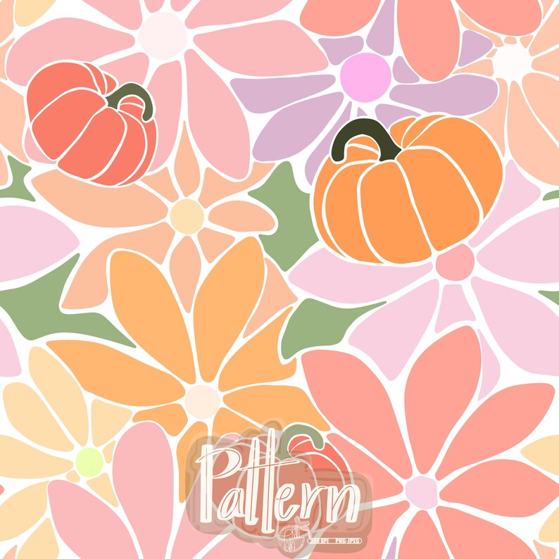 Boho Flowers Pumpkins Seamless Pattern PNG Halloween Digital Paper Fall ...