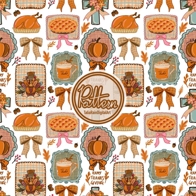 Thanksgiving Seamless Pattern | PNG, JPEG | Turkey, Pumpkin Pie, Fall ...