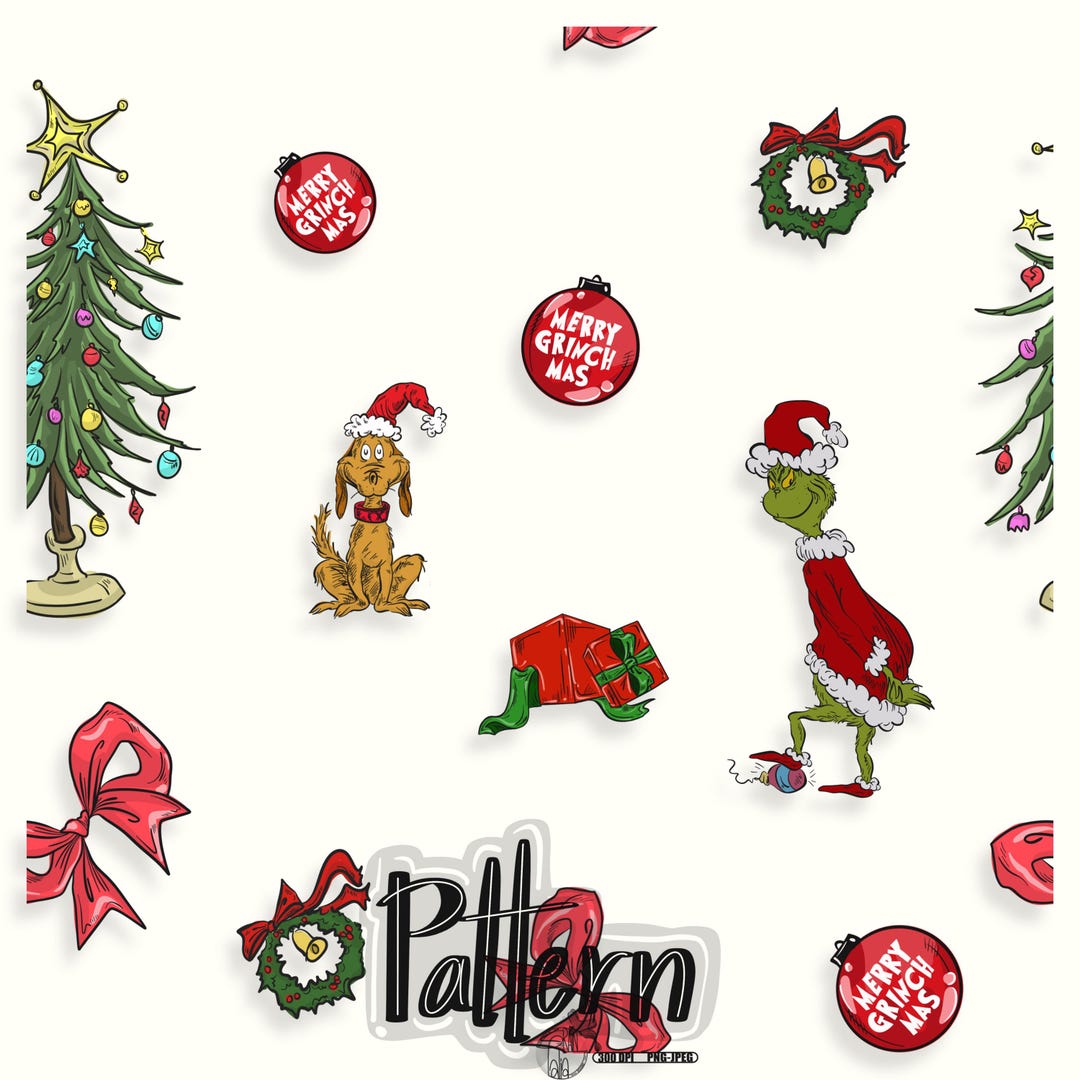 Festive Christmas Seamless Pattern: Wreaths, Ribbons, Characters (PNG ...