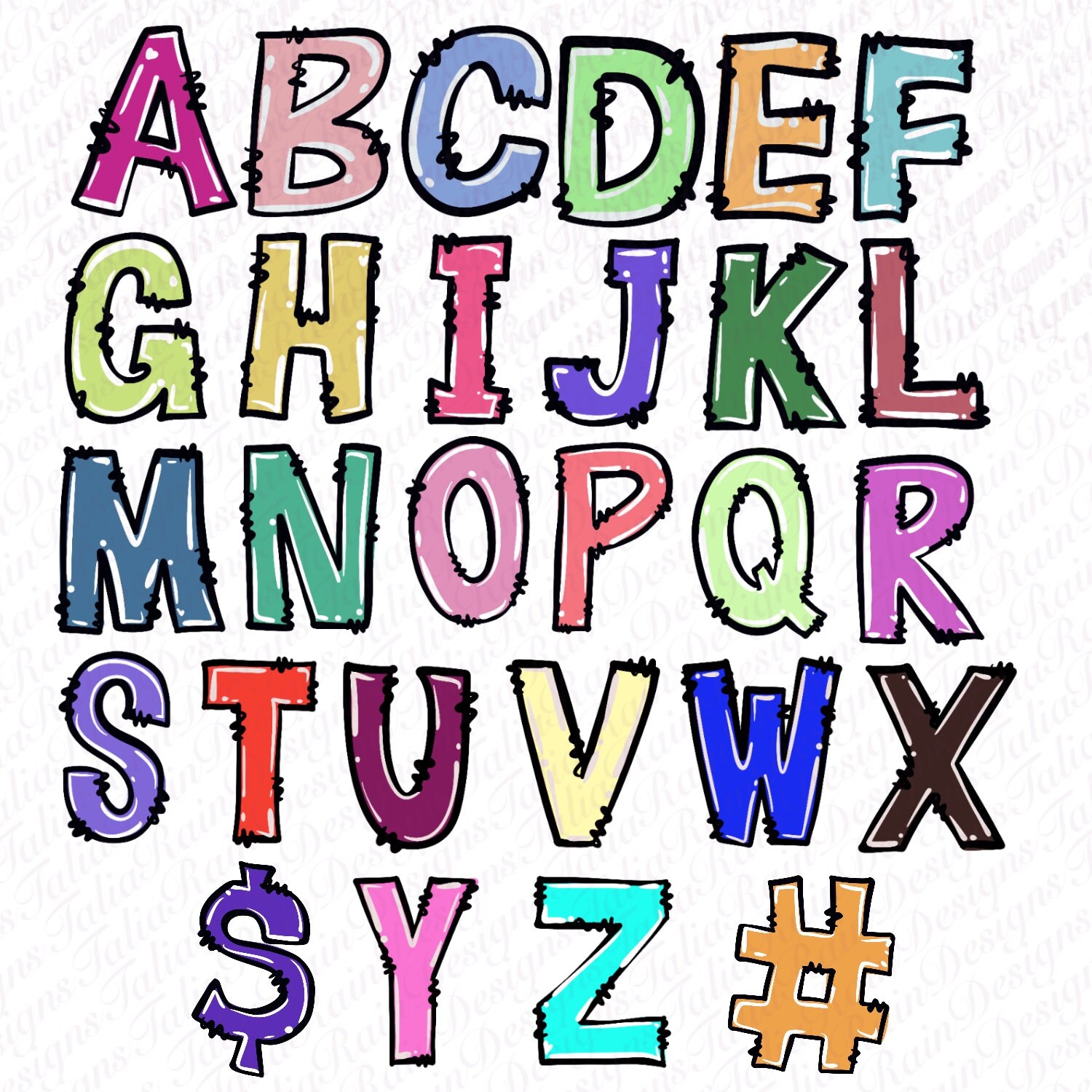 Alphabet PNG Doodles Clipart Sublimation Blight Color Alphabet Scribble ...