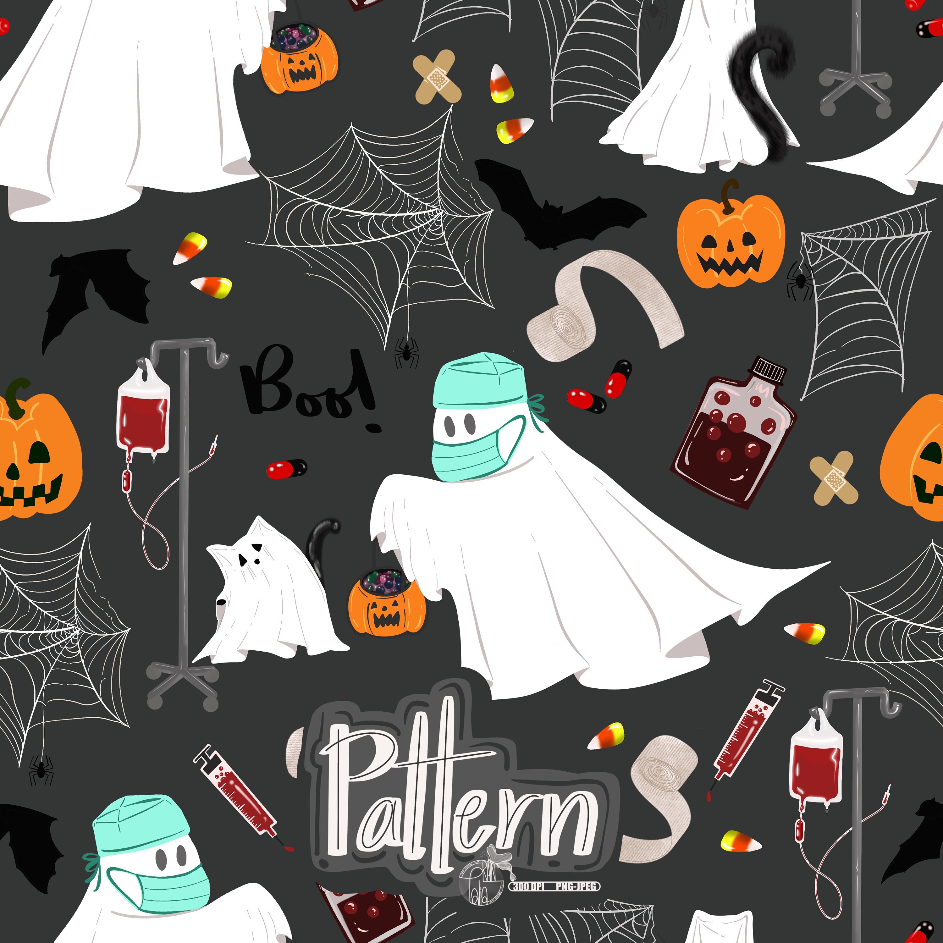 Boo Doctor Ghosts Seamless Pattern PNG | JPEG Files Spooky Retro ...