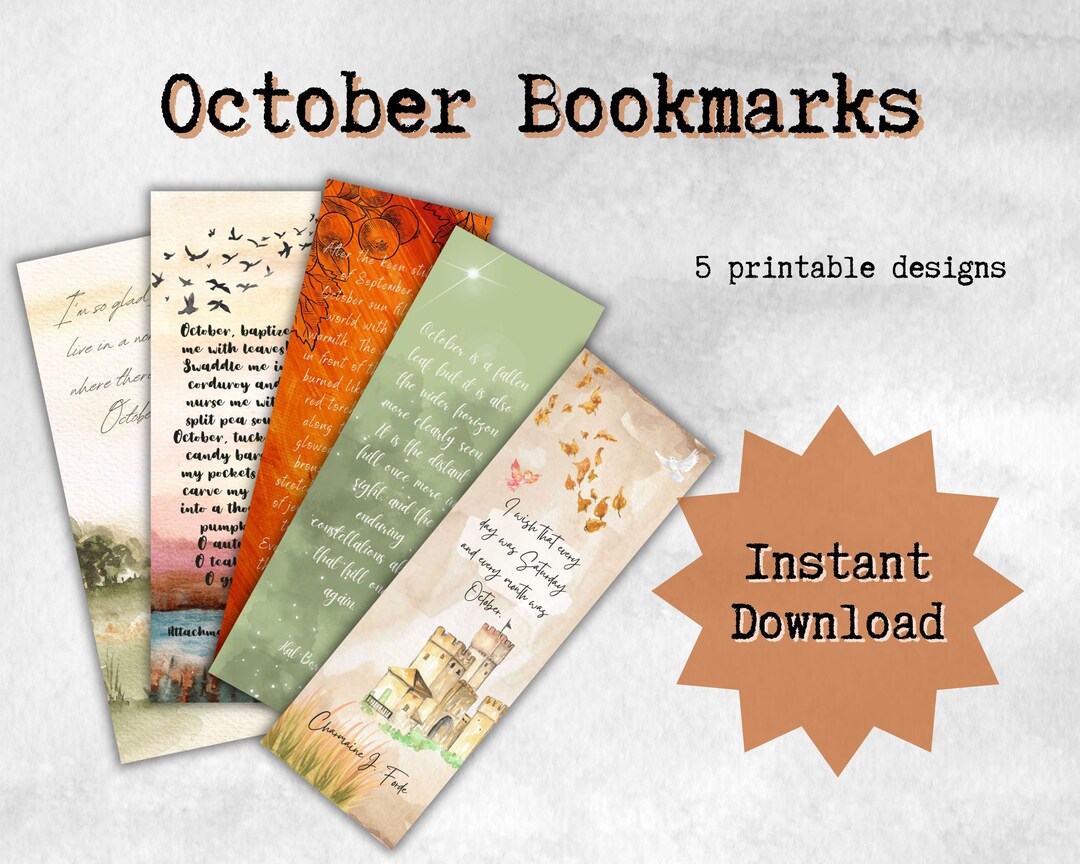 Printable October Bookmarks With Autumn Themed Book Quotes Set of 5 ...