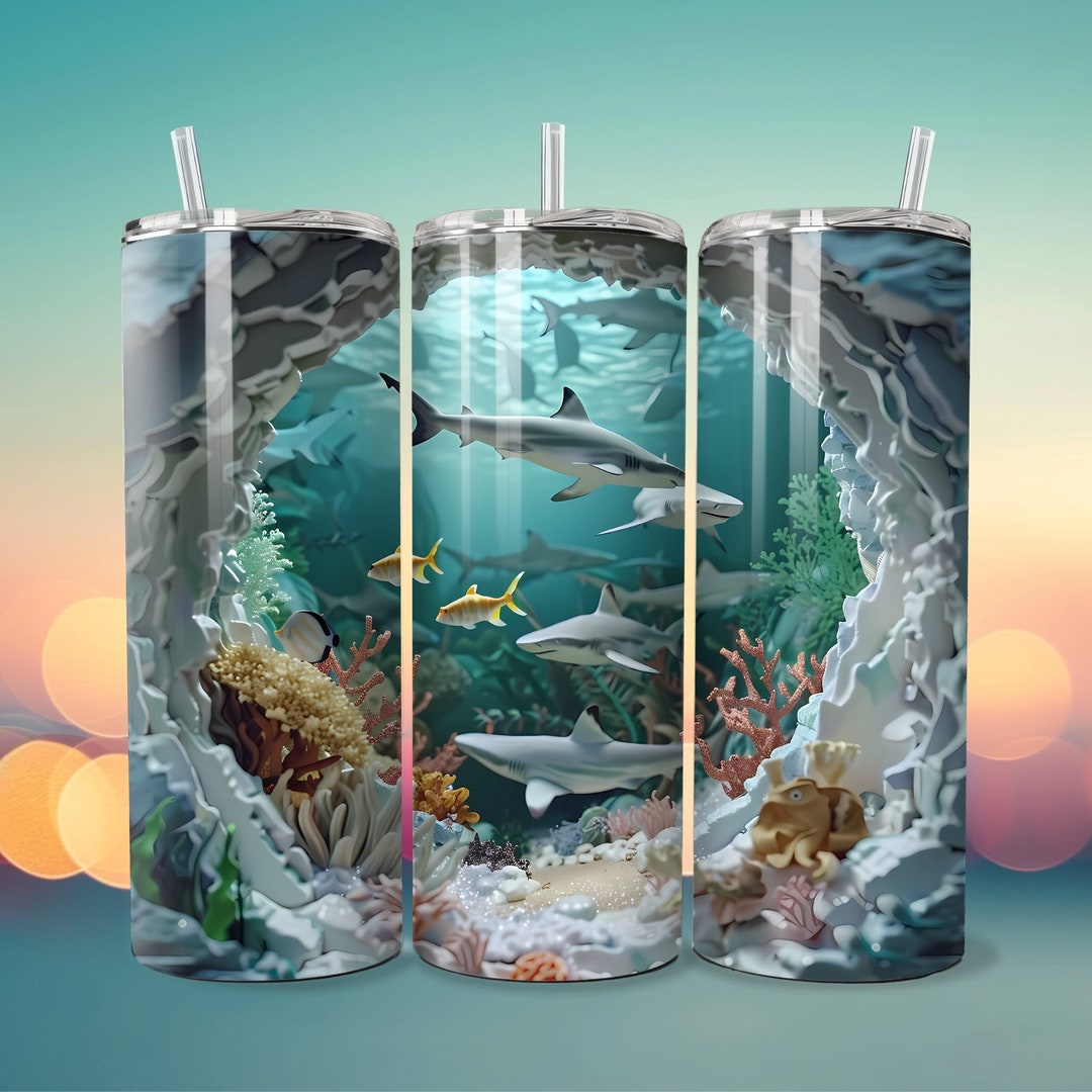 3D Sharks in the Ocean Tumbler Wrap Png Sublimation Design, 20oz Skinny ...