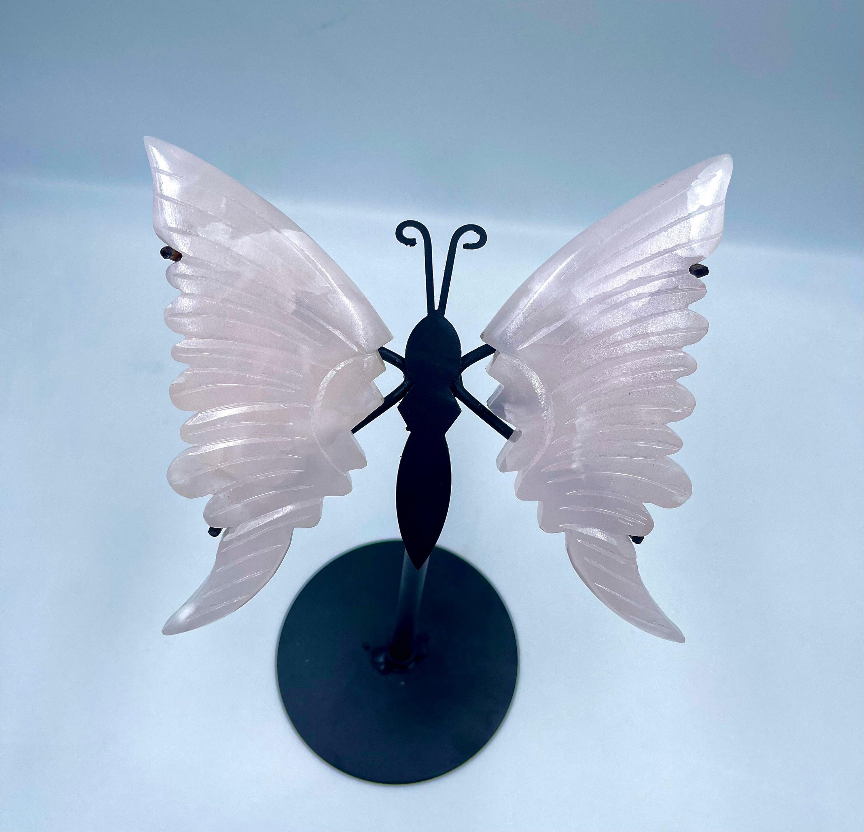 Pink Mangano Calcite Butterfly Wing Set With Stand - Hand Made Carved ...