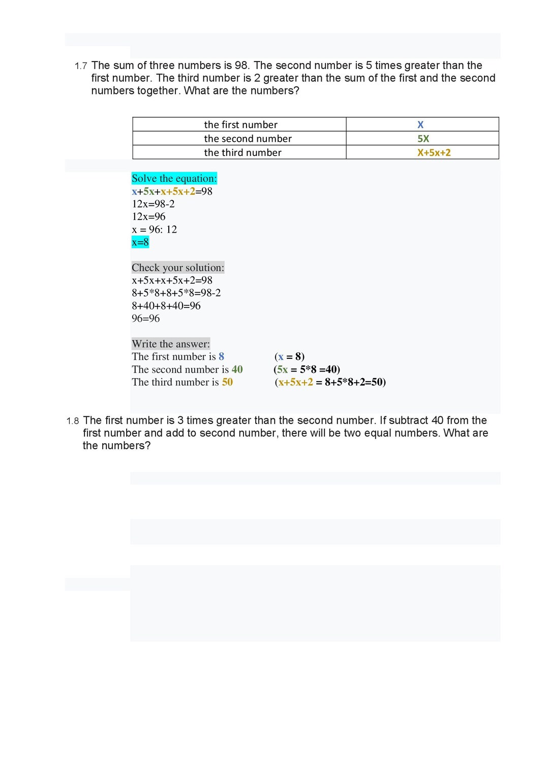 Word Problems Answer Keys Find the Numbers Explain Task - Etsy