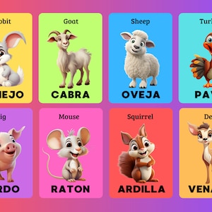 Flash Cards Animal Words, Learn English-spanish Words, Printable Cards ...