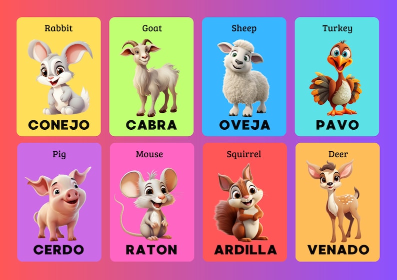 Flash Cards Animal Words, Learn English-spanish Words, Printable Cards ...